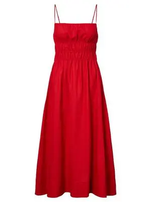 Staud Ayla Shirred Linen Midi Dress - Red