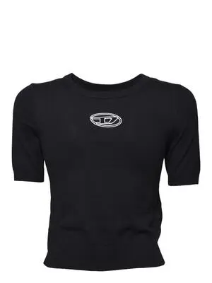 DIESEL® Black Crew Neck Ribbed Knit Sweater With Embroidered Logo - Nero