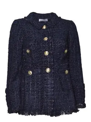 CHARLOTT Navy Textured Button Detailed Jacket - Blu