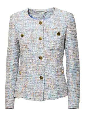 Tagliatore Textured Collarless Jacket With Gold Button Details - Multicolour