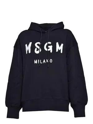 MSGM Black Cotton Hoodie With White Logo Print - Nero