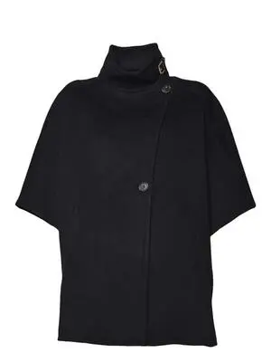 Max Mara Black Capelet With Stand Collar And Buckle Detail - Nero