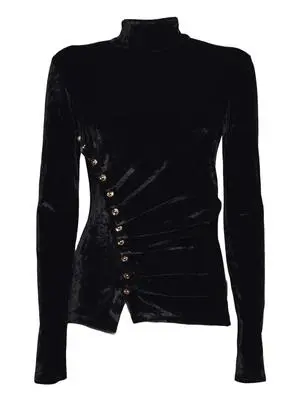 Rabanne Asymmetrical Button Detailed Velour Top - Nero