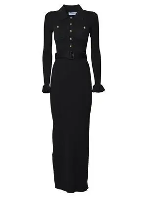 SELF-PORTRAIT Self Portrait Black Ribbed Knit Maxi Dress With Gold-Tone Buttons And Belt