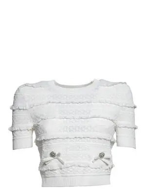 SELF-PORTRAIT Cropped Lace Knit Top With Embellished Bows - Bianco