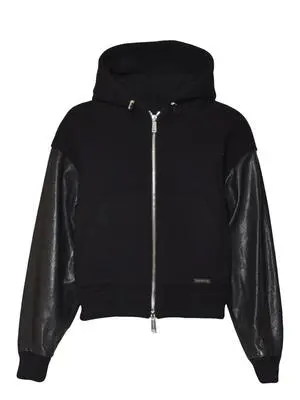 Dsquared2 Hooded Zip-up Jacket With Leather Sleeves - Nero