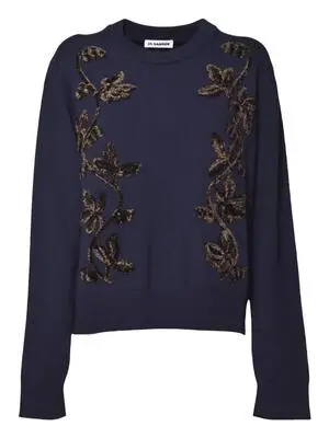 JIL SANDER Blue Crew Neck Sweater With Embroidered Floral Detail - Blu