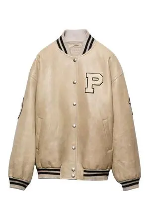 Prada Prada Leather Bomber Jacket With Patch Embellishments Ivory