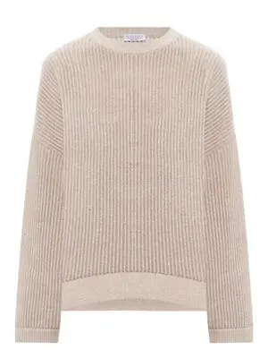 Brunello Cucinelli Brunello Cucinelli Ribbed Crew Neck Long Sleeve Sweater Beige