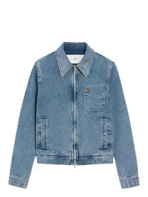 Ami Logo Embroidered Zipped Denim Jacket - Blue