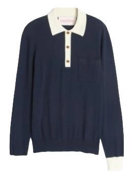 Valentino Garavani Button Detailed Long-sleeved Polo Shirt - Indigo/butter