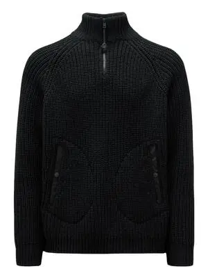 Moncler Wool Jumper With Zipper Detail And Elbow Logo Patch - Black