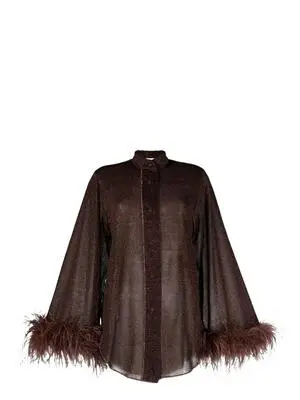 Oseree Lumière Feather-trimmed Shirt - Black