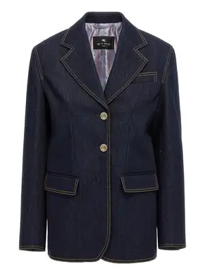 Etro Single-breasted Long-sleeved Denim Blazer - Black
