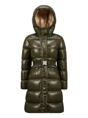 Moncler Bellevue Long Down Coat With Belted Waist - Dark Green