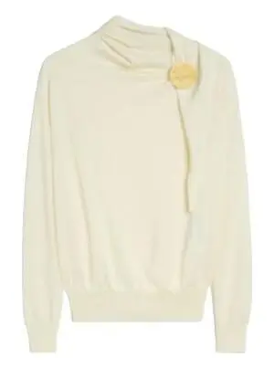 JIL SANDER Draped Neck Knitted Jumper With Jeweled Brooch - Eggshell