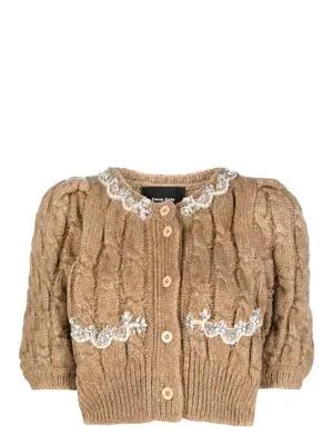 Simone Rocha Cable-knit Cropped Cardigan With Embellishments - Brown
