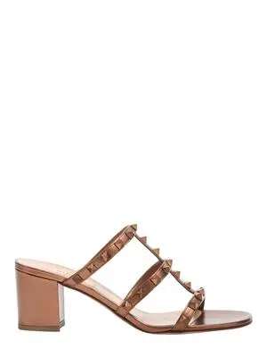 Valentino Garavani Rockstud Metallic Calfskin Leather Slide Sandal - Brown