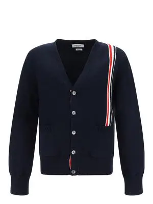 Thom Browne V-neck Striped Intarsia Cardigan - Navy Blue