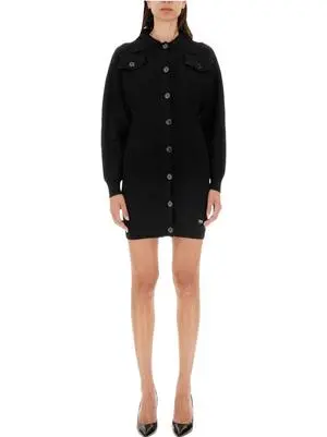 Moschino Long-sleeved Collared Dress With Button Detail - Black