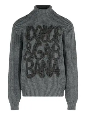 Dolce & Gabbana Ribbed Turtleneck Sweater With Logo Detail - Grey