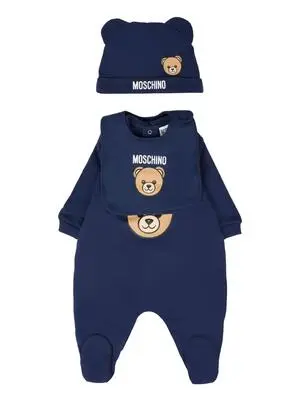 Moschino Teddy Bear Print Babygrow Set With Hat And Bib - Blue