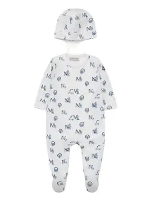 Moncler All-over Patterned Crewneck Rompers And Beanie Set - White/blue