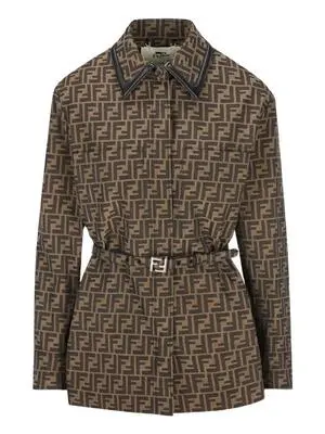 Fendi Ff Jacquard Belted Waist Jacket - Brown