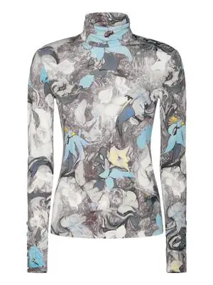 Tory Burch Floral Print Turtleneck Long Sleeve Top - Gray