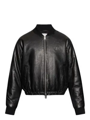 Ami Logo-plaque Leather Bomber Jacket - Black
