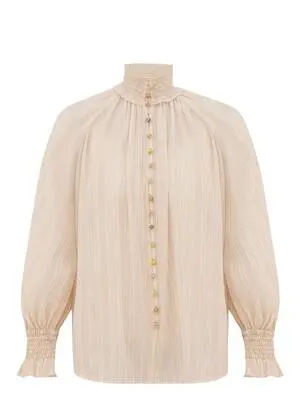 Zimmermann Aster Shirred Stand Collar Blouse - Cream
