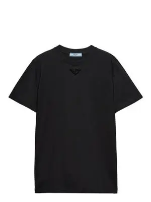 Prada Jersey T-shirt With Embroidered Triangle Detail - Black
