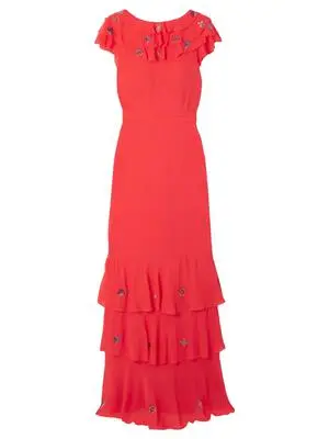 Rixo Round Neck Dress With Ruffled Trim - Red