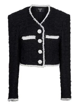 Balmain Cropped Tweed Jacket With Contrasting Trim - Black