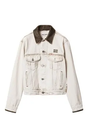 Miu Miu Leather Collar Button-up Denim Jacket - White