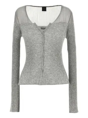 Pinko V-neck Ribbed Cardigan With Logo Patch - Gray