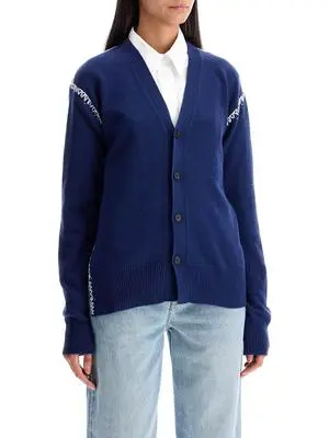 Marni Button-up Knit Cardigan With V-neck And Contrast Stitching - Blue