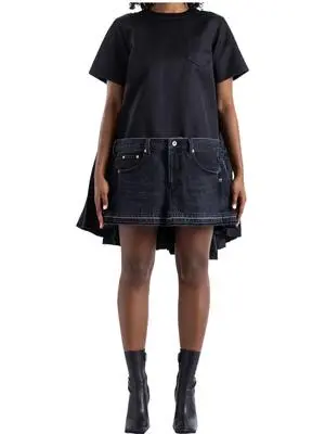 Sacai Short-sleeved Crewneck Dress With Denim Skirt Overlay - Black