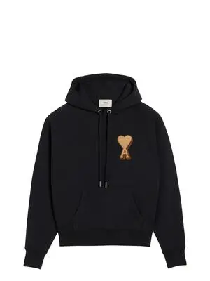 Ami Logo Detailed Drawstring Hoodie - Black