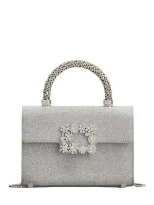 ROGER VIVIER Flower Strass Jewel Buckle Clutch Bag In Glitter Fabric - Silver