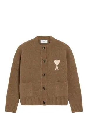 AMI Paris Logo Detailed Knitted Cardigan - Hazelnut/off-white