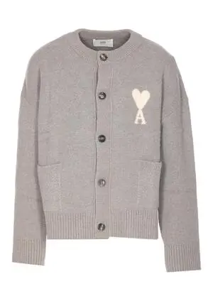 Ami Logo Intarsia Knitted Cardigan - Grey