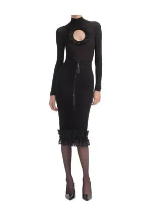 SELF-PORTRAIT Self-Portrait Ruffled Knitted Midi Dress With Exposed Zipper