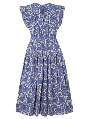 Ulla Johnson Ulla Johnson Kairi Floral Print Tiered Midi Dress Blue