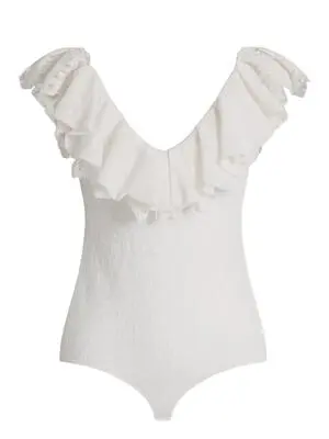 Alberta Ferretti Wool Lace Bodysuit With Frilled Sleeves - White