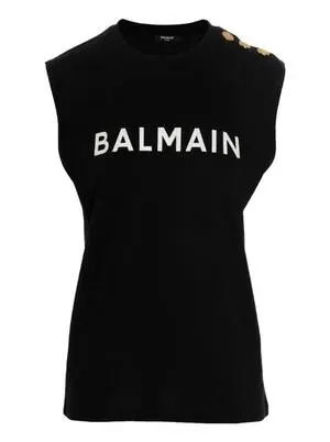 Balmain Sleeveless Logo T-shirt With Button Shoulder Detail - Black