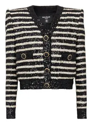 Balmain Striped Sequinned Cropped Jacket - Black