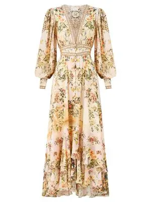 Camilla Floral Printed Long Button Front Dress - Nude
