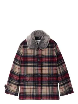 Bonpoint Gigliola Checked Tweed Coat With Removable Faux Fur Collar - Navy