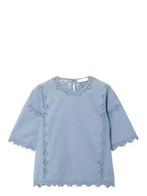 ULLA JOHNSON Ulla Johnson Embroidered Tulle-Trimmed Cotton-Chambray Blouse